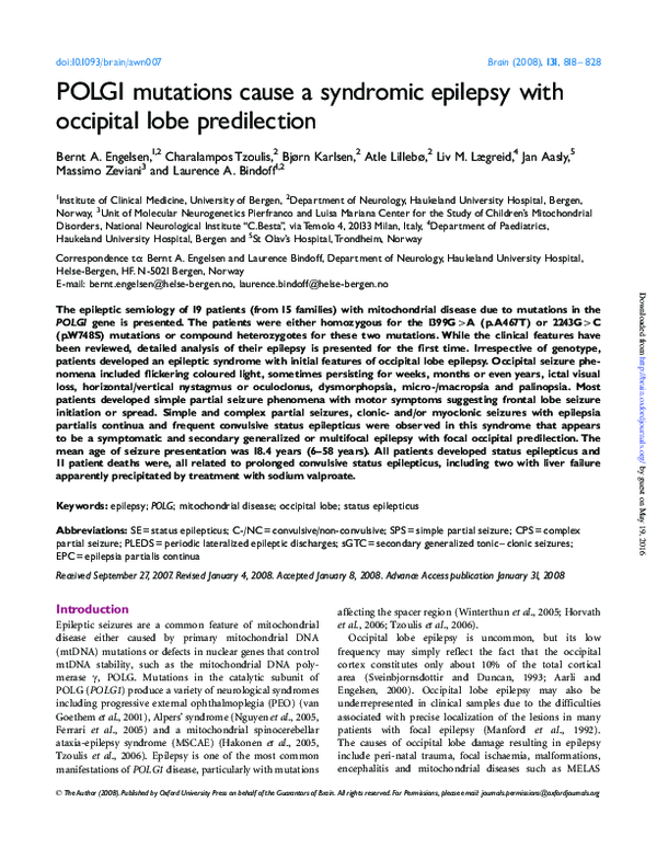 (PDF) POLG1 mutations cause a syndromic epilepsy with occipital lobe ...