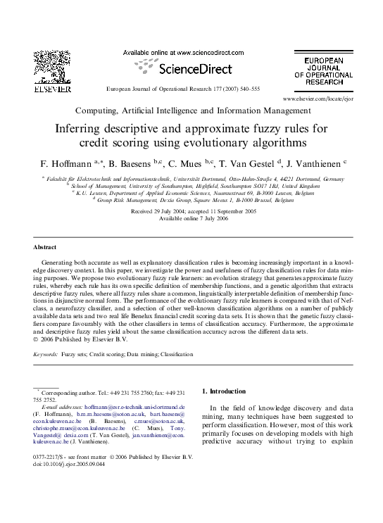 Pdf Inferring Descriptive And Approximate Fuzzy Rules For Credit Scoring Using Evolutionary