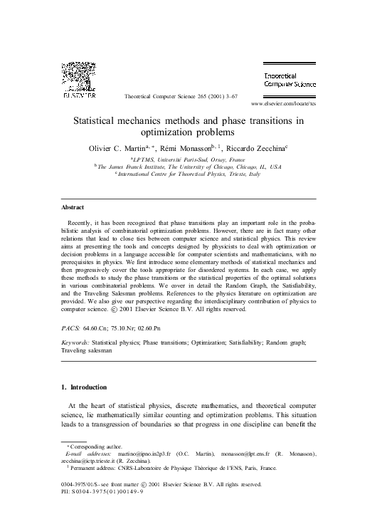 (PDF) Phase Transitions and Statistical Mechanics in Combinatorial Optimization
