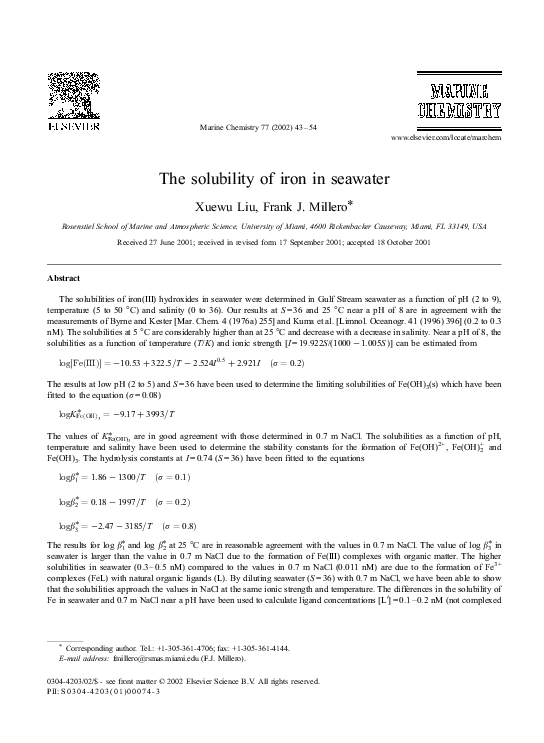 Pdf The Solubility Of Iron In Seawater