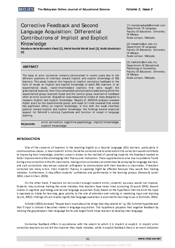 (PDF) Corrective Feedback and Second Language acquisition
