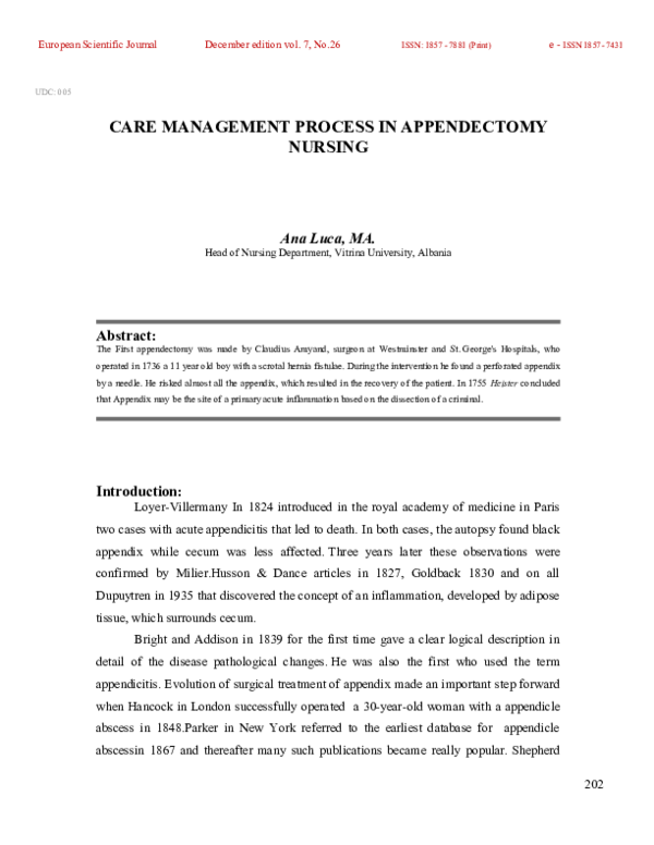 (PDF) CARE MANAGEMENT PROCESS IN APPENDECTOMY NURSING | Sarif acharya ...