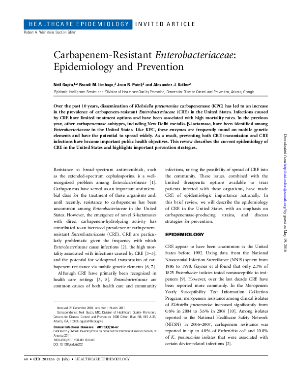 (PDF) Carbapenem-Resistant Enterobacteriaceae: Epidemiology and Prevention