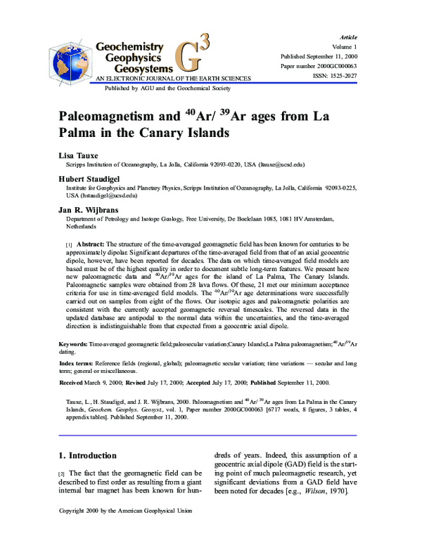 (PDF) Paleomagnetism and 40Ar/39Ar ages from La Palma in the Canary Islands | Lisa Tauxe and ...
