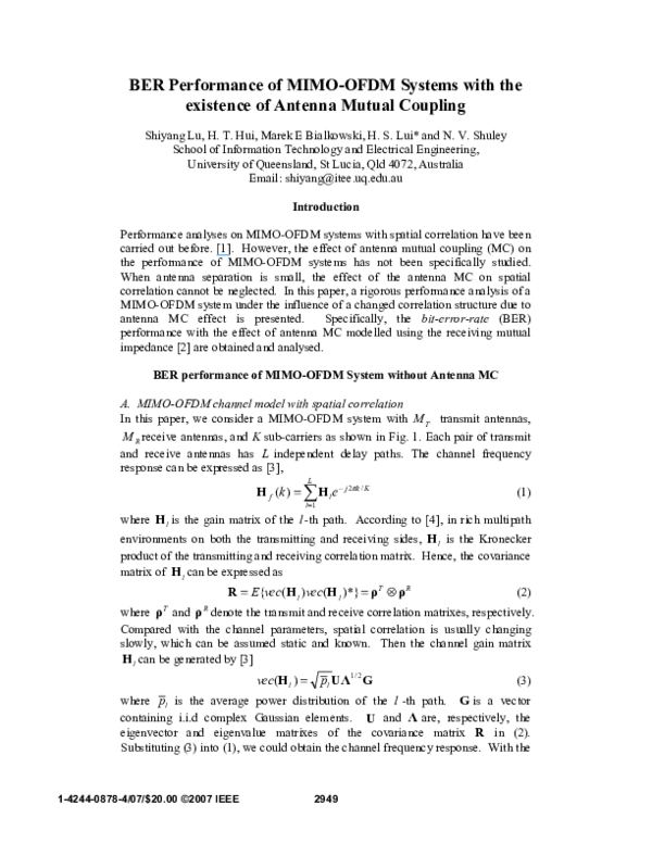 Pdf Ber Performance Of Mimo Ofdm Systems With The Existence Of