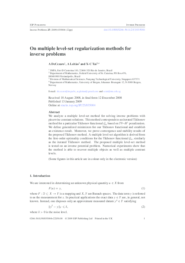 (PDF) On multiple level-set regularization methods for inverse problems