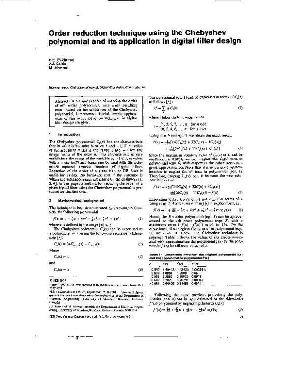 Pdf Order Reduction Technique Using The Chebyshev Polynomial And Its Application In Digital
