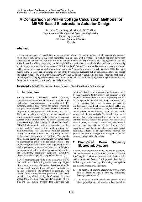 Pdf A Comparison Of Pull In Voltage Calculation Methods For Mems Based Electrostatic Actuator