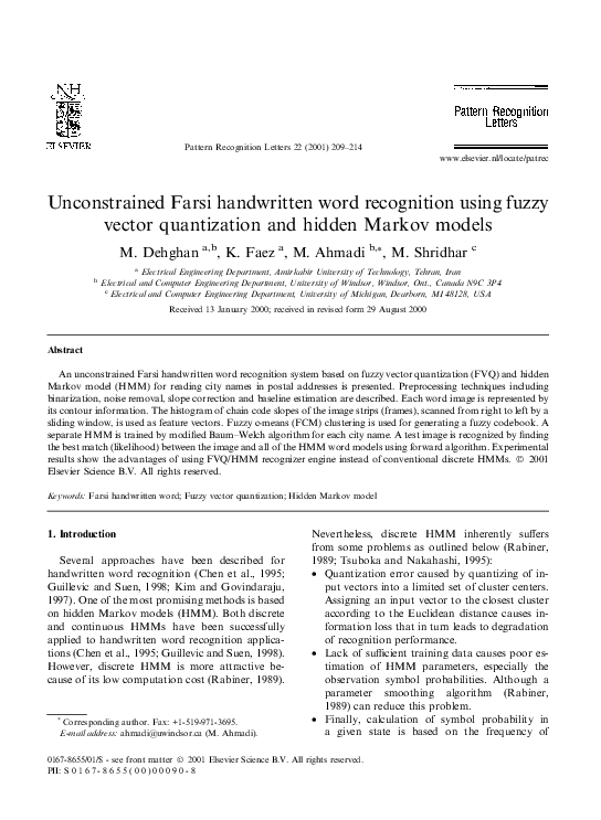 Pdf Off Line Unconstrained Farsi Handwritten Word Recognition Using Fuzzy Vector Quantization