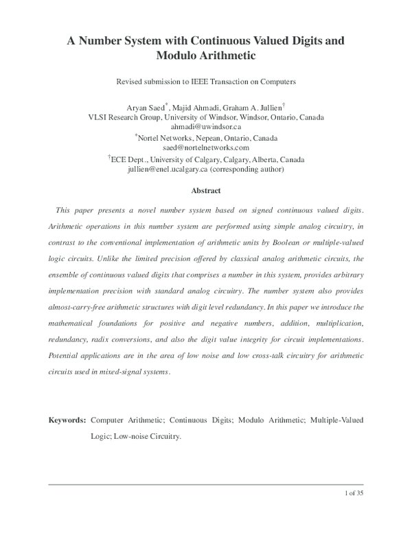 (PDF) A number system with continuous valued digits and modulo arithmetic | Majid Ahmadi ...
