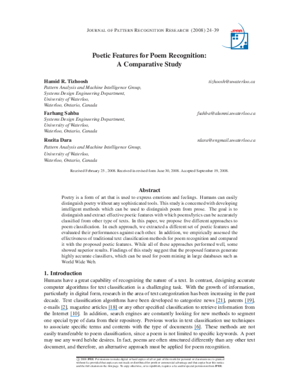 (PDF) Poetic Features for Poem Recognition: A Comparative Study