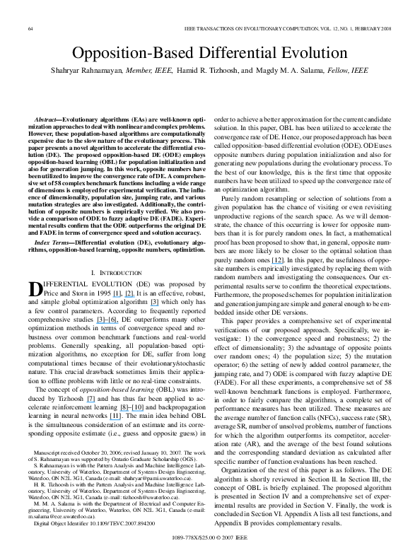 (PDF) Opposition-Based Differential Evolution