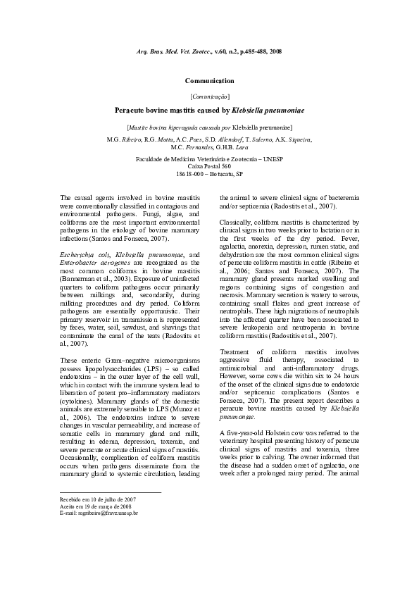 (PDF) Peracute bovine mastitis caused by Klebsiella pneumoniae