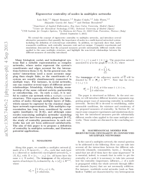Eigenvector Centrality Of Nodes In Multiplex Networks
