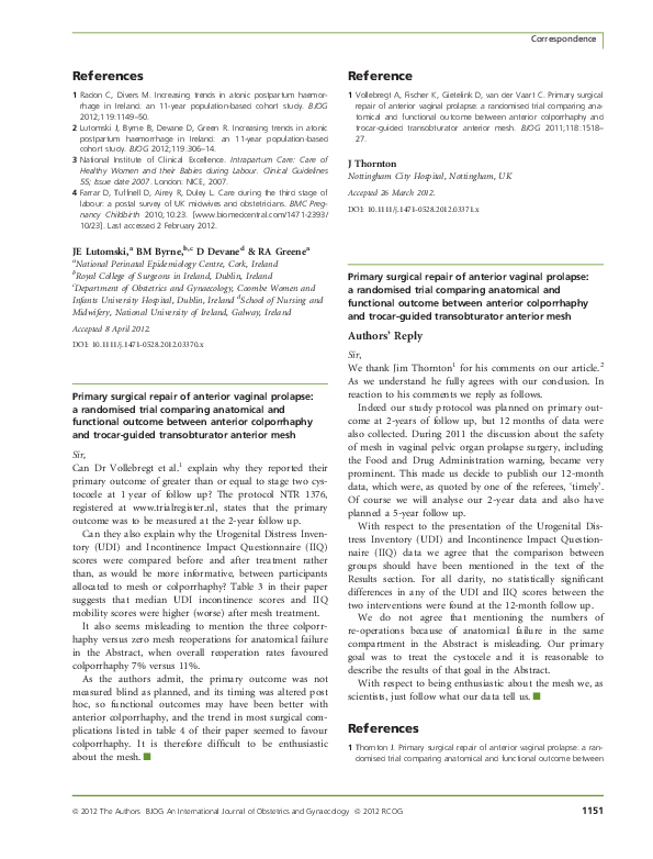 (PDF) Primary surgical repair of anterior vaginal prolapse: a randomised trial comparing ...