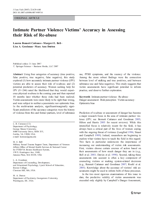 (PDF) Intimate Partner Violence Victims’ Accuracy in Assessing their ...