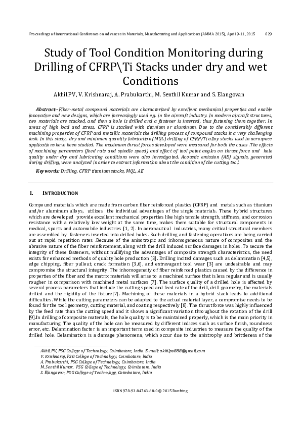 (PDF) Study of Tool Condition Monitoring during Drilling of CFRP\Ti Stacks under dry and wet ...