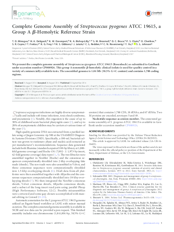 (PDF) Complete Genome Assembly of Streptococcus pyogenes ATCC 19615, a ...
