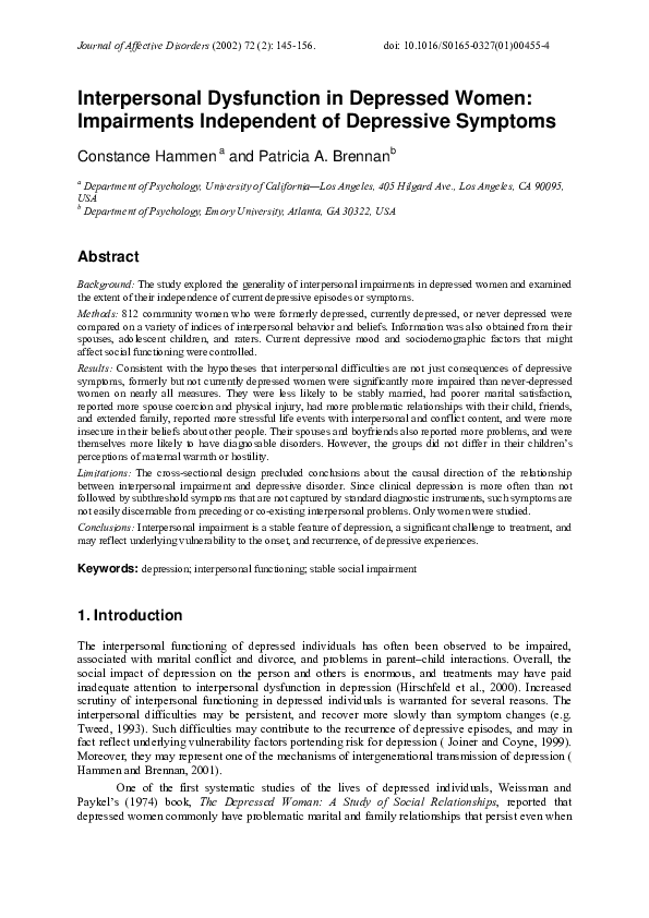 (PDF) Interpersonal dysfunction in depressed women: impairments ...