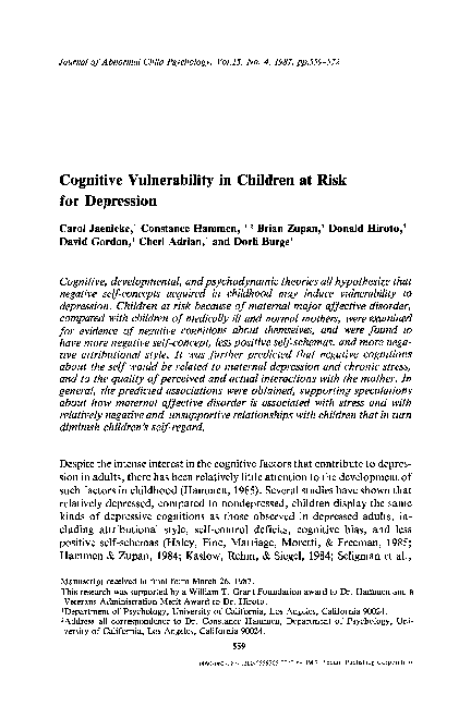(PDF) Cognitive Vulnerability in Children at Risk for Depression