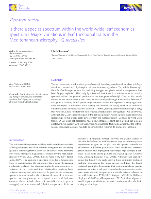 (PDF) Is there a species spectrum within the world-wide leaf economics ...