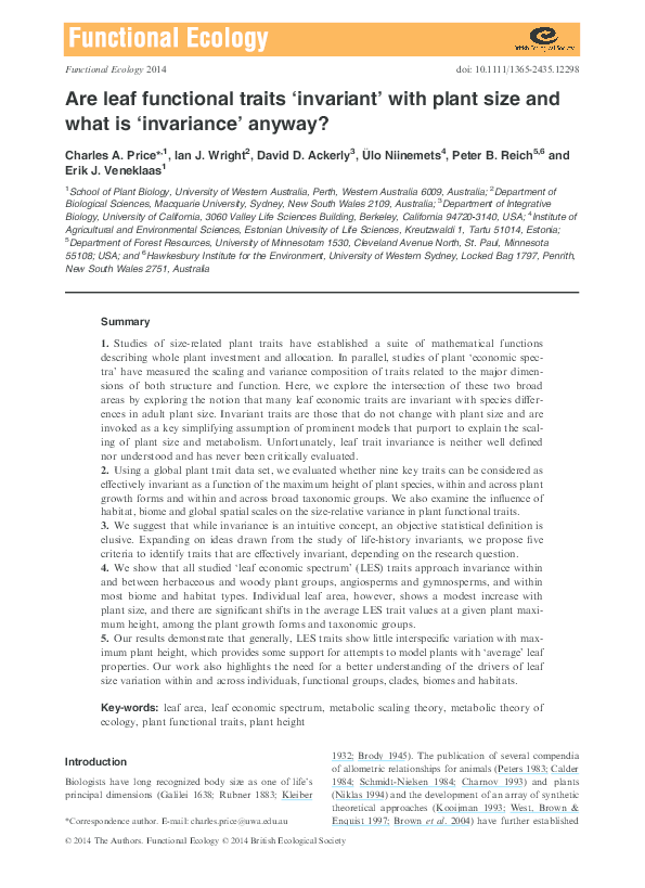Pdf Evaluating Invariance Of Leaf Traits Across Size