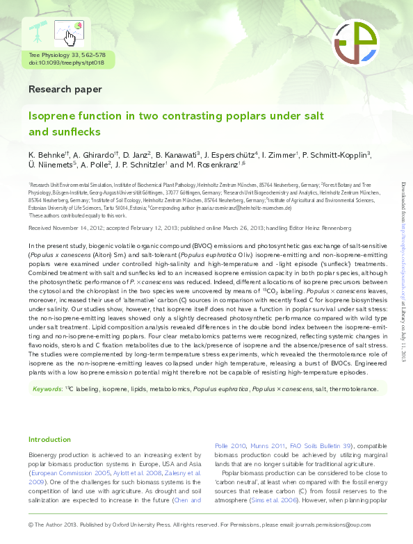 (PDF) Isoprene function in two contrasting poplars under salt and sunflecks