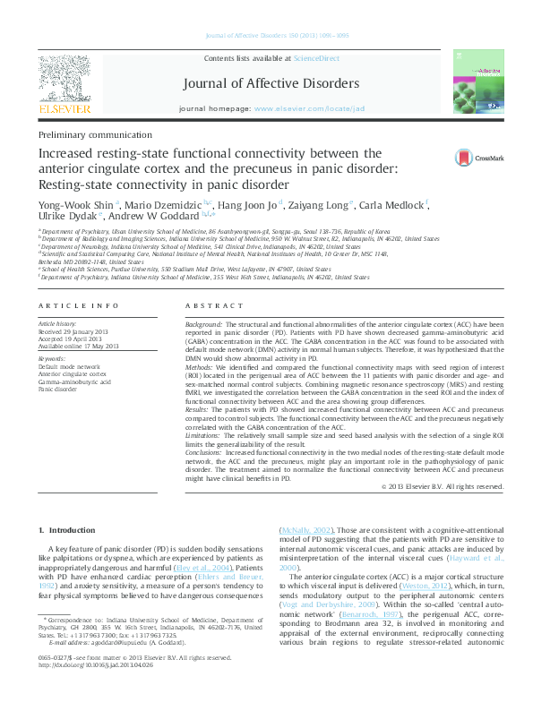 Pdf Increased Resting State Functional Connectivity Between The Anterior Cingulate Cortex And
