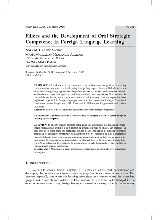 (PDF) Fillers and the Development of Oral Strategic Competence in ...