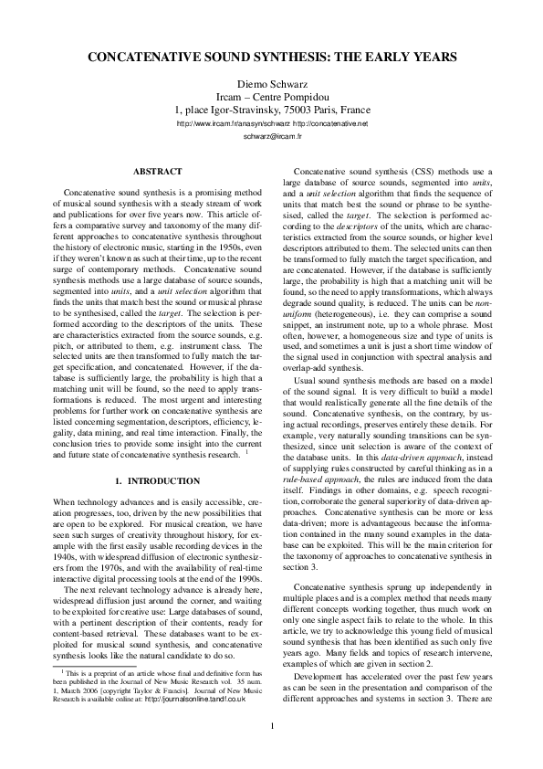 (PDF) Concatenative sound synthesis: The early years