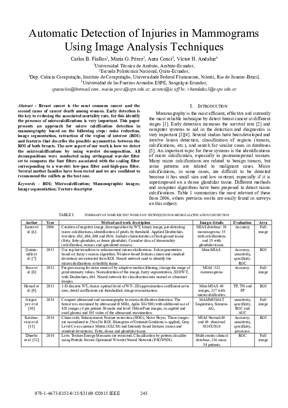 (PDF) Automatic Detection of Injuries in Mammograms Using Image Analysis Techniques
