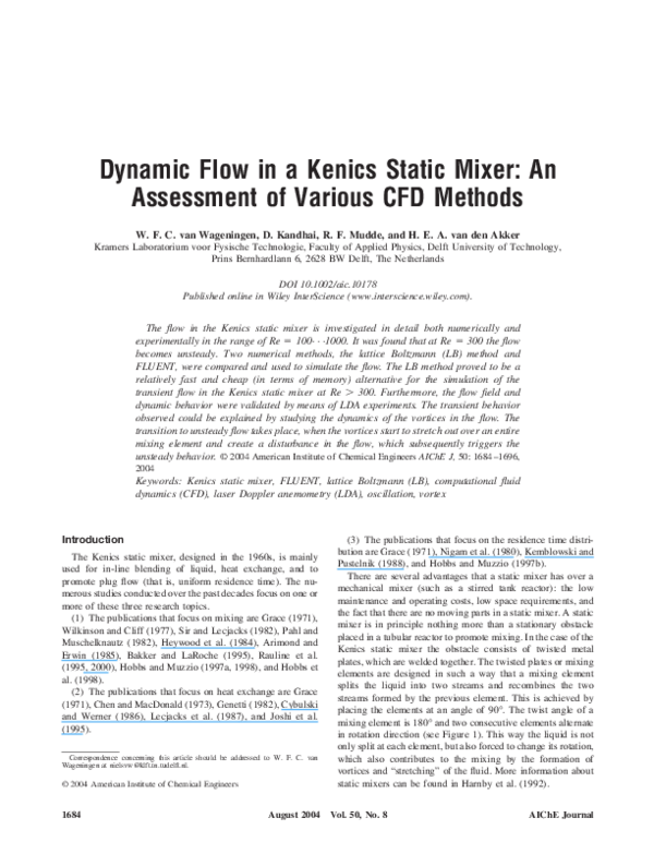(PDF) Dynamic flow in a Kenics static mixer: An assessment of various ...