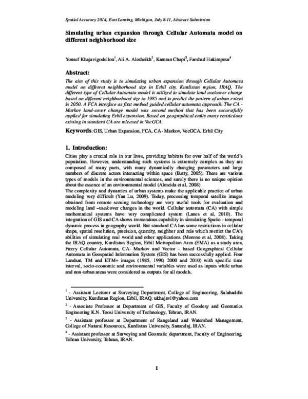 Pdf Simulating Urban Expansion Through Cellular Automata Model On Different Neighborhood Size