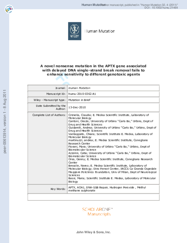 (PDF) A novel nonsense mutation in the APTX gene associated with delayed DNA single-strand break ...