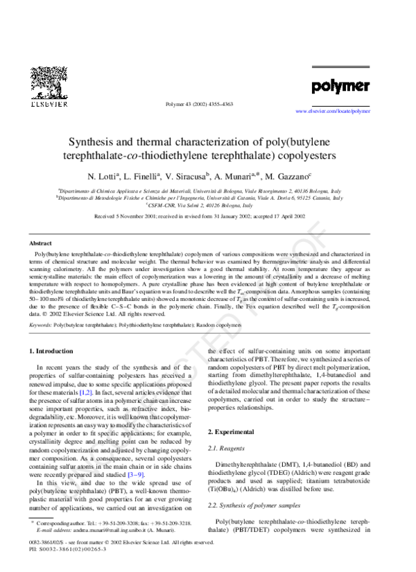 (PDF) Synthesis and thermal characterization of poly(butylene terephthalate-co-thiodiethylene ...