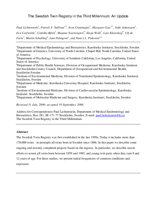 (PDF) The Swedish Twin Registry in the Third Millennium: An Update