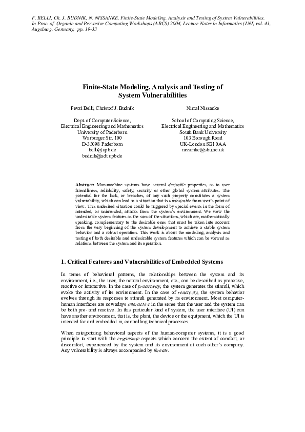 (PDF) Finite-State Modeling, Analysis and Testing of System Vulnerabilities