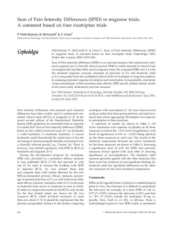(PDF) Sum of Pain Intensity Differences (SPID) in migraine trials. A ...