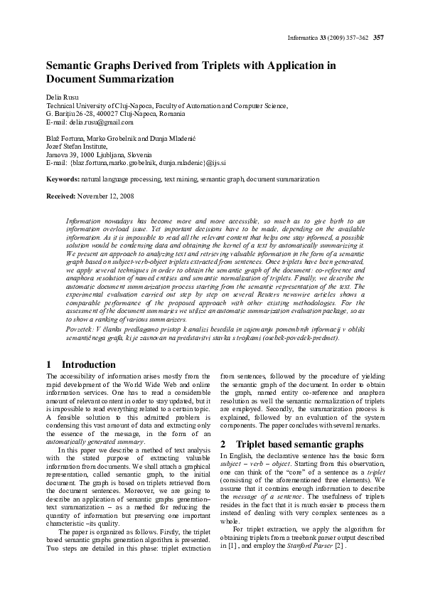 (PDF) Semantic Graphs Derived From Triplets with Application in Document Summarization