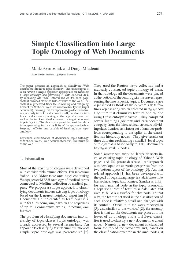 (PDF) Simple Classification into Large Topic Ontology of Web Documents