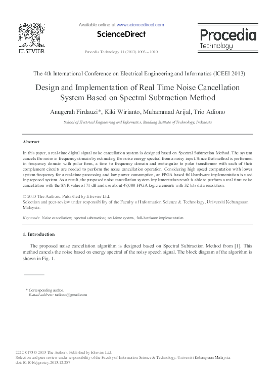 Pdf Design And Implementation Of Real Time Noise Cancellation System Based On Spectral