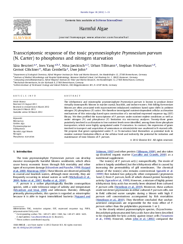 (PDF) Transcriptomic response of the toxic prymnesiophyte Prymnesium ...