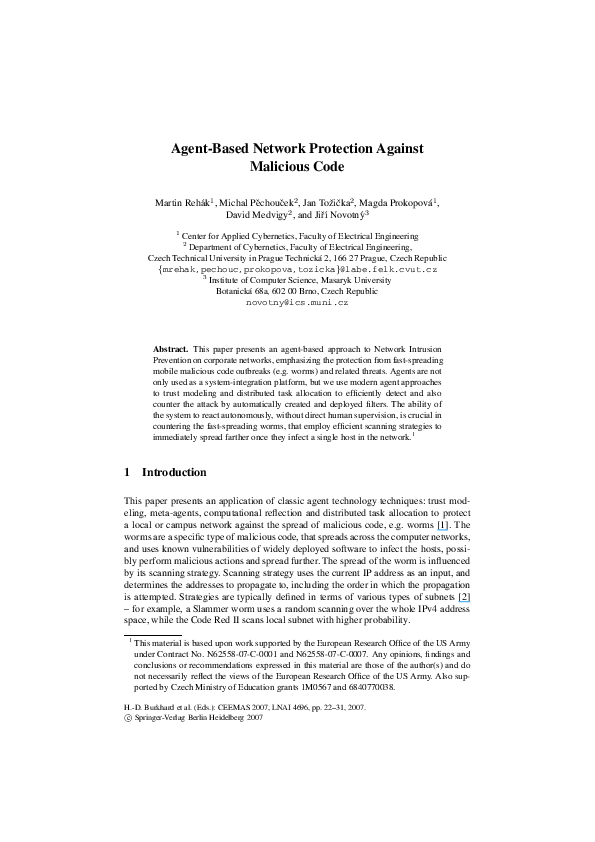 (PDF) Agent-Based Network Protection Against Malicious Code