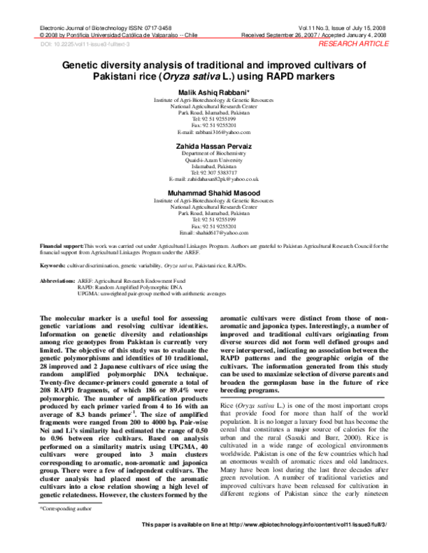 (PDF) Genetic diversity analysis of traditional and improved cultivars of Pakistani rice (Oryza ...