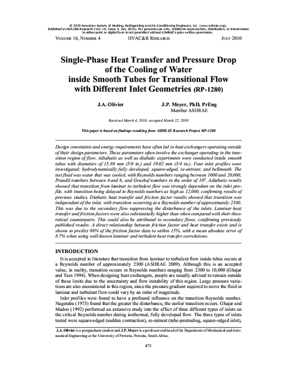 (PDF) Single-Phase Heat Transfer and Pressure Drop of the Cooling of Water inside Smooth Tubes ...