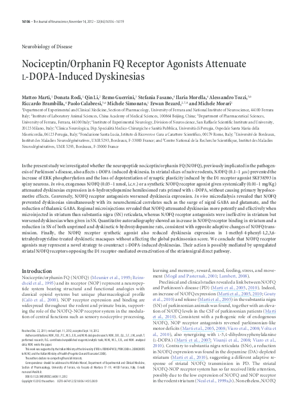 (PDF) Nociceptin/Orphanin FQ Receptor Agonists Attenuate L-DOPA-Induced ...