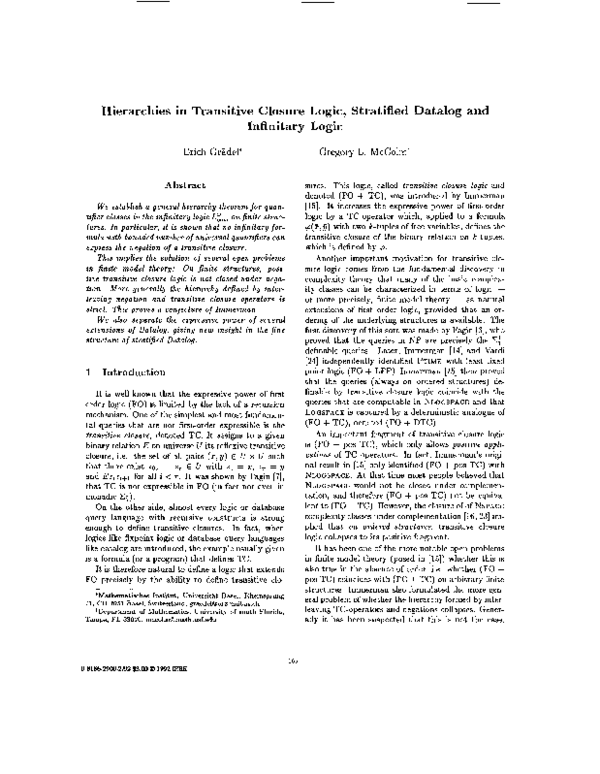 (PDF) Hierarchies in transitive closure logic, stratified Datalog and infinitary logic