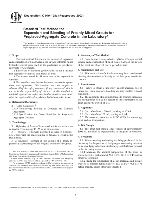 (PDF) Standard Test Method for Expansion and Bleeding of Freshly Mixed ...