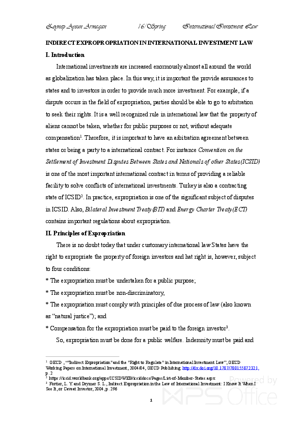 INDIRECT EXPROPRIATION IN INTERNATIONAL INVESTMENT LAW