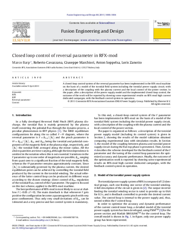 (PDF) Closed loop control of reversal parameter in RFX-mod